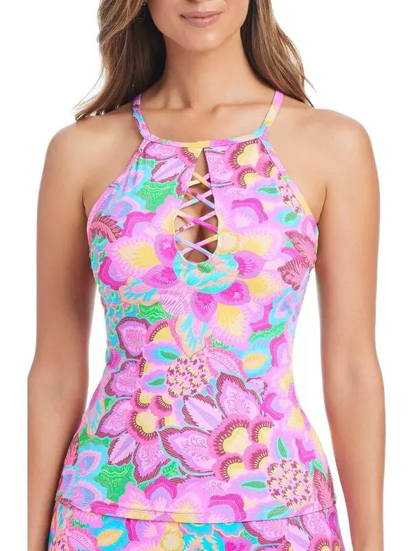 ROD BEATTIE Printed High Neck Tankini Top - Pink Multi
