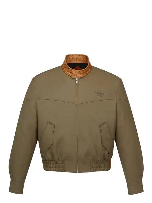 Mcm Jacket In Wool Twill And Monogram Print Leather - Khaki