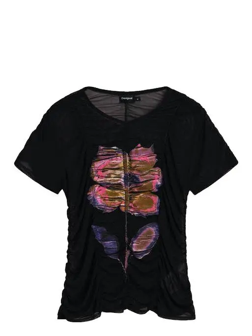 Desigual Floral Semi-sheer Tulle Crop T-shirt - Black