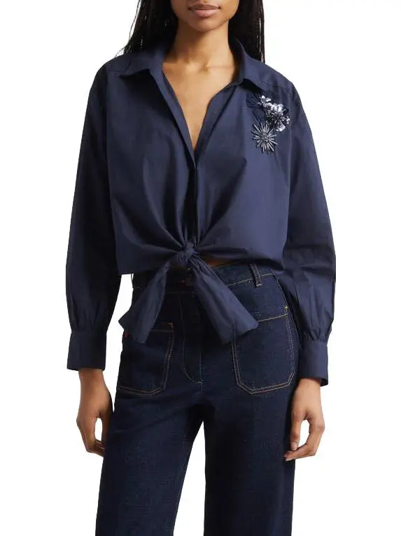 Cinq À Sept Marianna Crunchy Flower Appliqué Tie-front Shirt - Navy