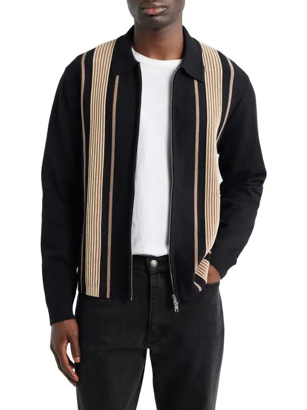 WAX LONDON Lennox Stripe Cotton & Cashmere Zip-up Shirt - Black/beige