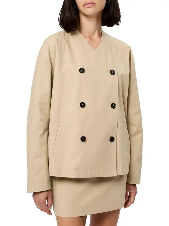 French Connection Collarless Double-breasted Cotton Twill Jacket - Khaki