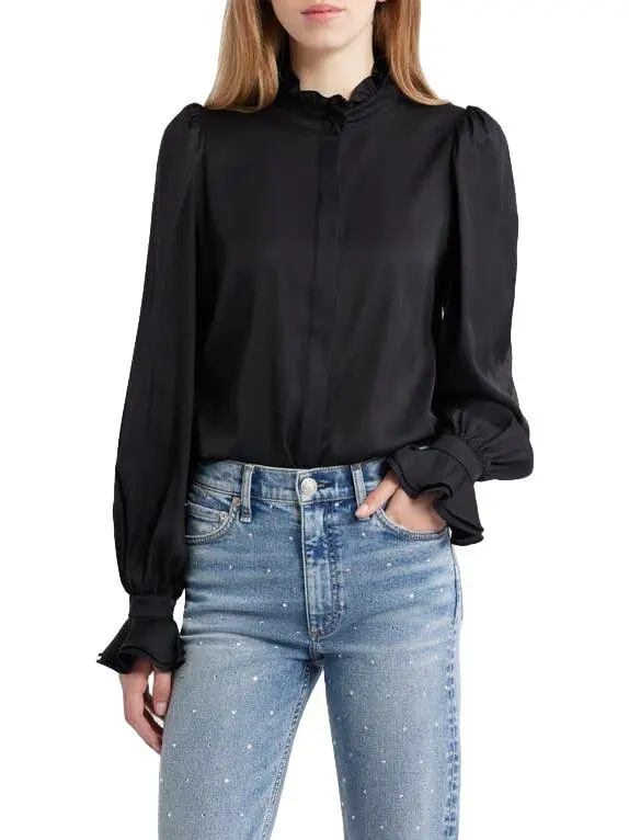 Kobi Halperin Harley Ruffle Puff Shoulder Stretch Silk Shirt - Black