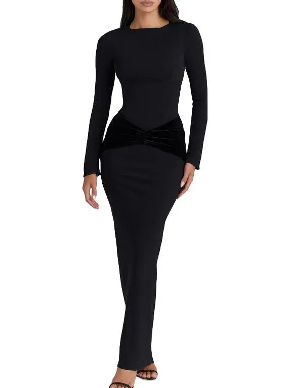 House Of Cb Athena Long Sleeve Stretch Crepe Gown - Black