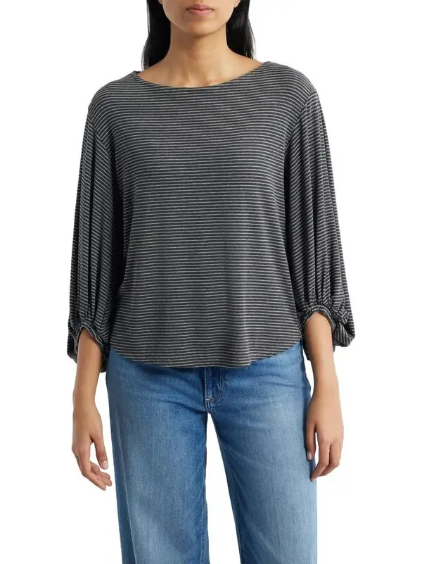 Wit & Wisdom Striped Knit Top With Balloon Sleeves - Heather Charcoal