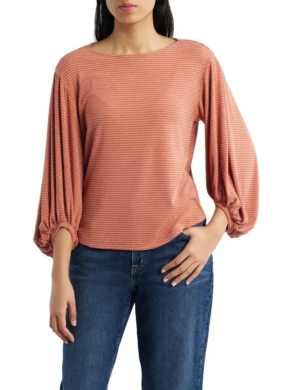 Wit & Wisdom Striped Knit Top With Balloon Sleeves - Heather Sandalwood Blush