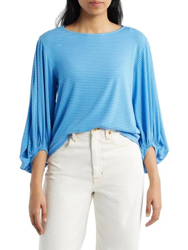Wit & Wisdom Striped Knit Top With Balloon Sleeves - Mediterranean Blue