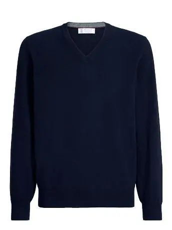 Brunello Cucinelli Cashmere V-neck Sweater - Navy Blue