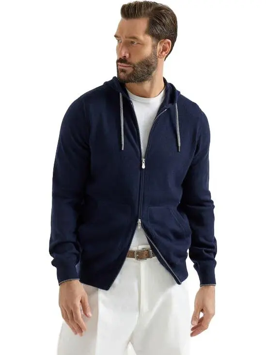 Brunello Cucinelli Cashmere Hooded Zip Cardigan - Navy Blue