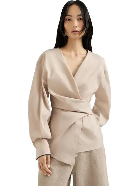 Brunello Cucinelli Stretch Poplin Shirt With Monili - Beige
