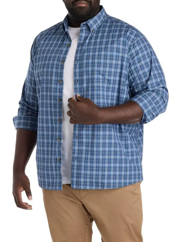 HARBOR BAY BY DXL Big & Tall Easy-care Small Plaid Sport Shirt - Blue