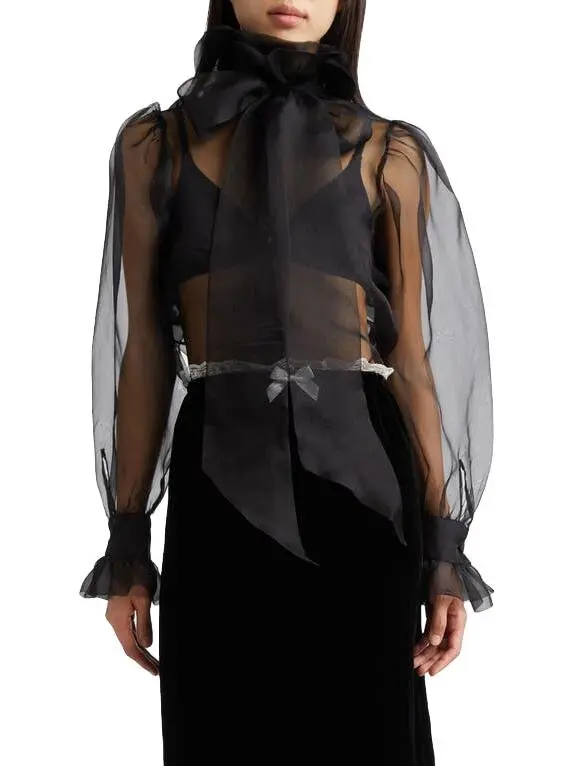 TANNER FLETCHER Simone Pussy Bow Silk Organza Shirt - Black