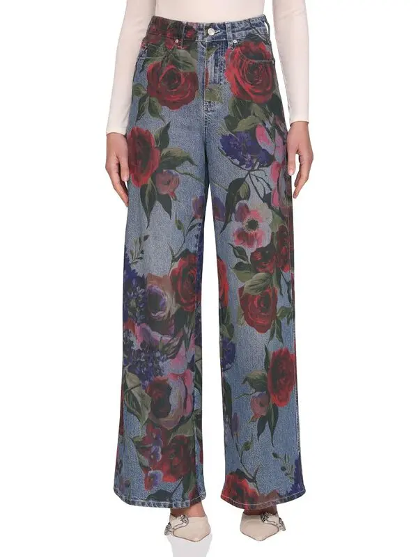 Avec Les Filles Floral Print High-waist Wide-leg Jeans - Portofino Rose