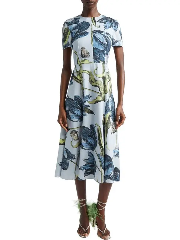 Erdem Etched Tulip Print Stretch Cady A-line Midi Dress - Etched Tulip Powder Blue