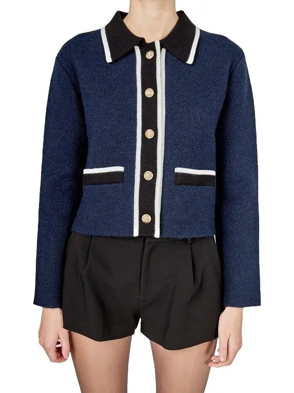 English Factory Contrast Placket Cardigan - Navy/white