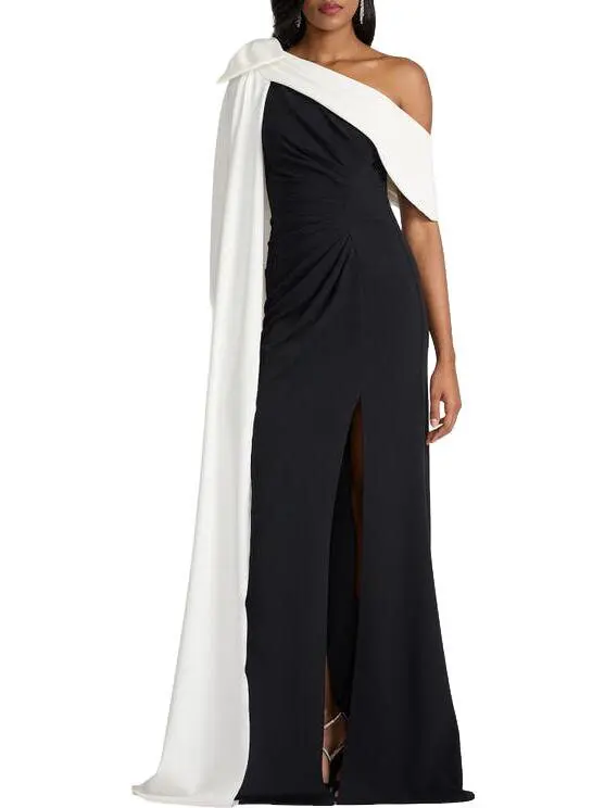 Tadashi Shoji Bow Cape Detail One-shoulder Gown - Black/ivory