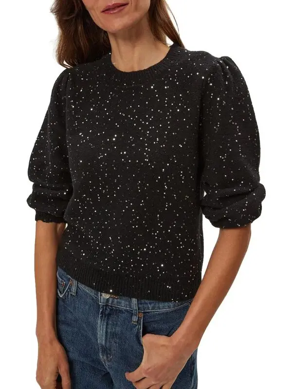 Michael Stars Sequin Embellished Balloon Sleeve Crewneck Sweater - Black