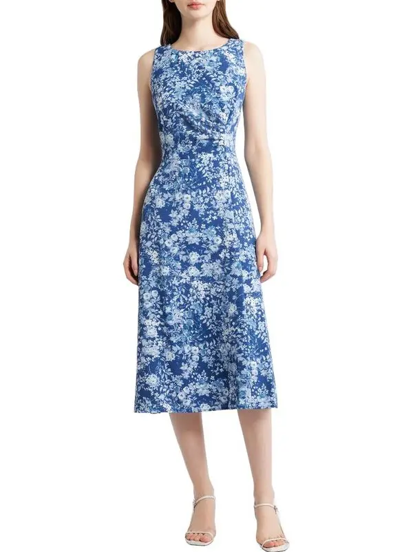 CONNECTED APPAREL Floral Pleat Waist Sleeveless Midi Dress - Demin