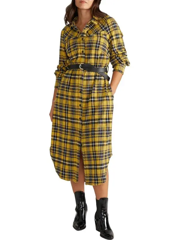 Universal Standard Long Sleeve Stretch Flannel Midi Shirt Dress - Chamomile Yellow Plaid