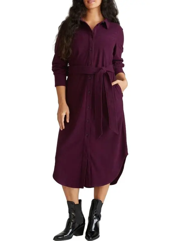 Universal Standard Long Sleeve Stretch Flannel Midi Shirt Dress - Gamay Burgundy
