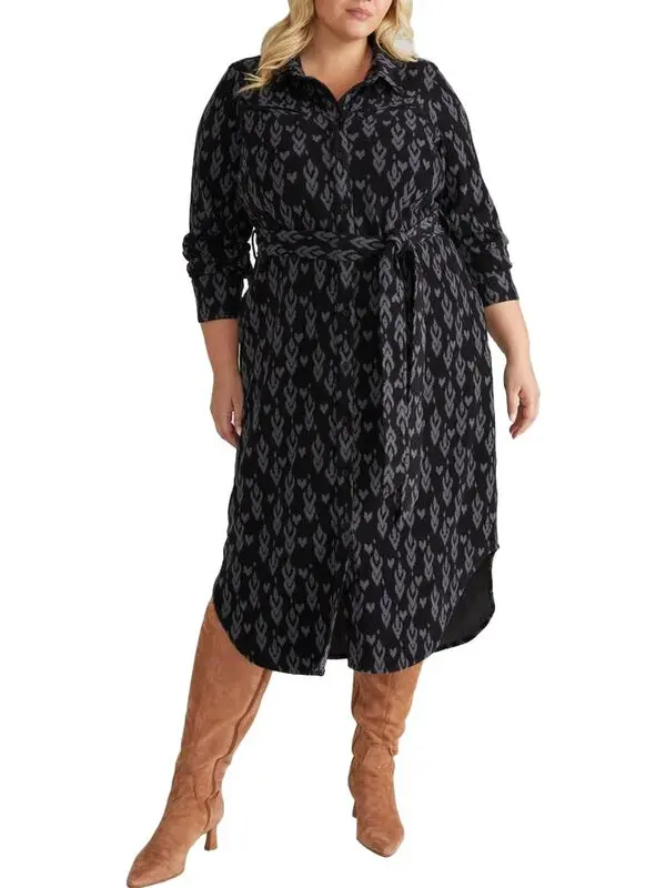 Universal Standard Long Sleeve Stretch Flannel Midi Shirt Dress - Indigo Ikat Arrow Blue