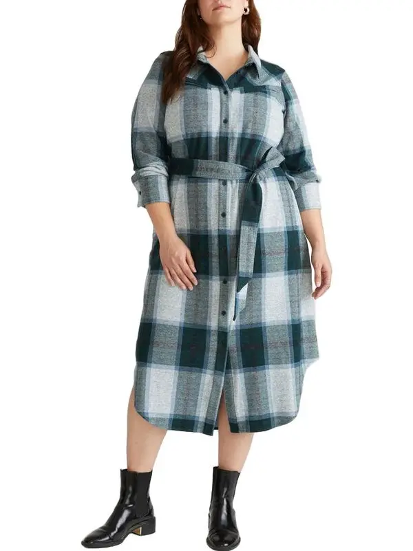 Universal Standard Long Sleeve Stretch Flannel Midi Shirt Dress - Mate Green Plaid