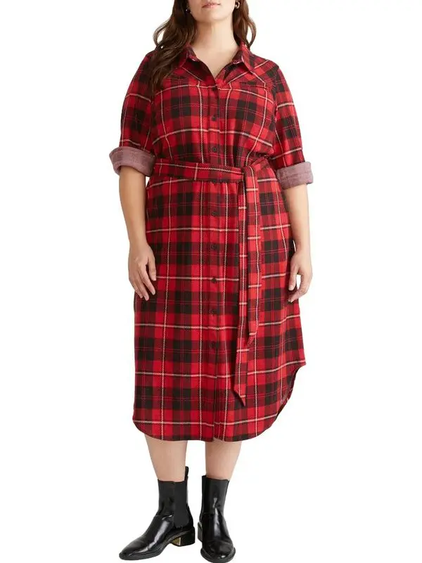 Universal Standard Long Sleeve Stretch Flannel Midi Shirt Dress - Ridge Brew Red Plaid