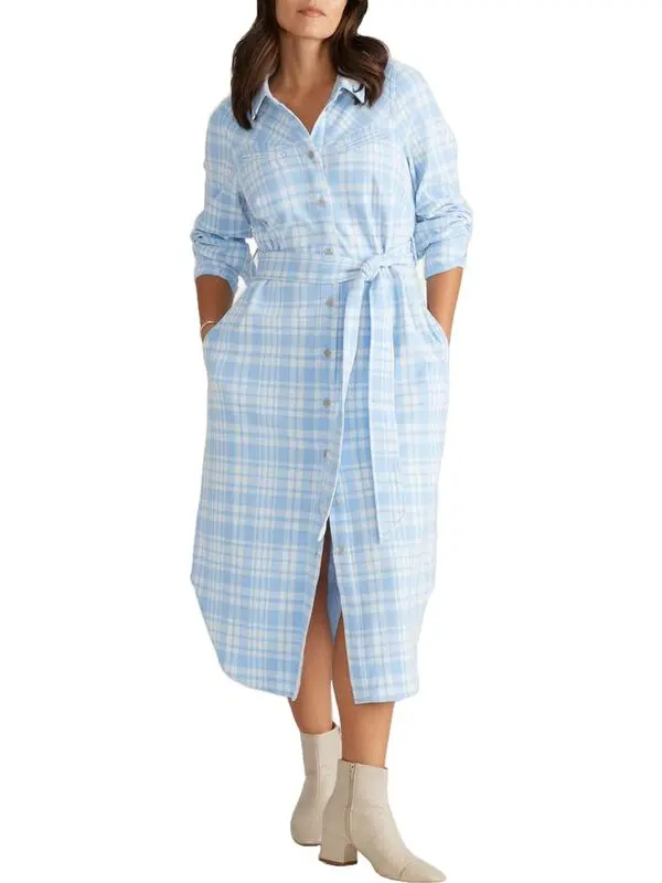 Universal Standard Long Sleeve Stretch Flannel Midi Shirt Dress - Teapot Blue Plaid