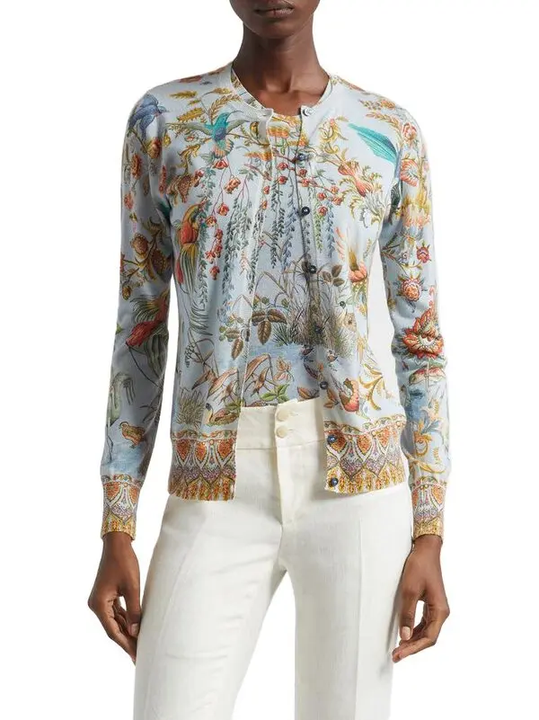 Etro Flora & Fauna Silk & Cashmere Cardigan - Multicolour On Pale Blue Base