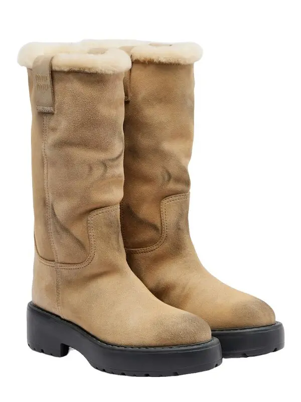Miu Miu Shearling-lined Suede Knee-high Boots - Beige