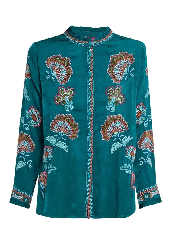 Johnny Was Simone Floral-embroidered Cupro Blouse - Spruced Up