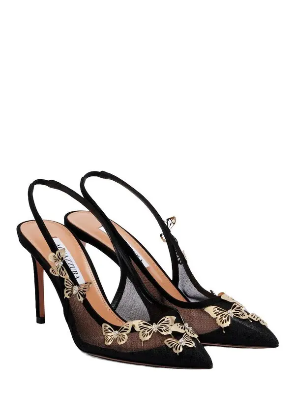 AQUAZZURA Papillon Embellished Mesh Slingback Pumps - Black