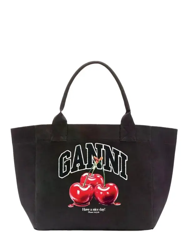 GANNI Cherry Print Medium Tote Bag - Black