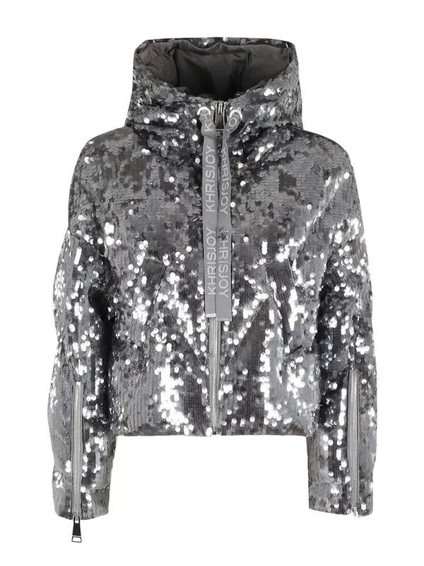 Khrisjoy Crop Iconic Milan Jacket In Macro Sequins - Grey