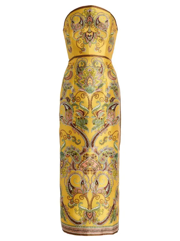 ALEMAIS Marion Strapless Printed Twill Midi Dress - Yellow