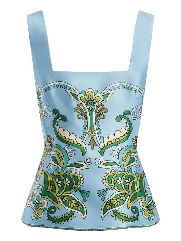 ALEMAIS Marion Printed Twill Peplum Top - Blue
