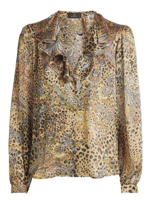 Etro Silk Leopard Ruffle-detail Blouse - Brown