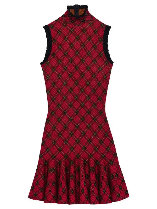 Alexander McQueen High-neck Checkered Mini Dress - Burgundy