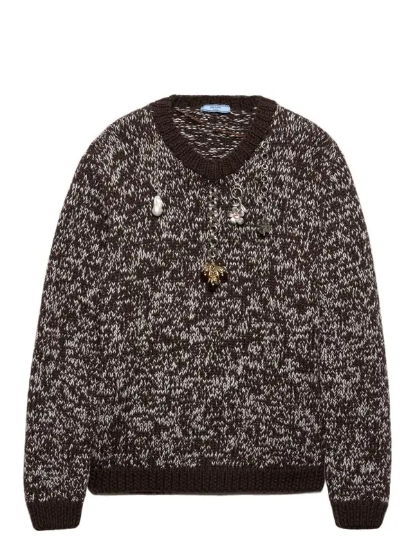 Prada Wool Crew-neck Sweater With Pendants - Dark Brown/tan