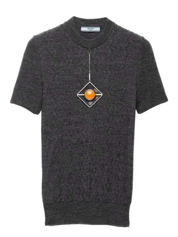 Prada Short-sleeved Wool Sweater With Pendant - Grey