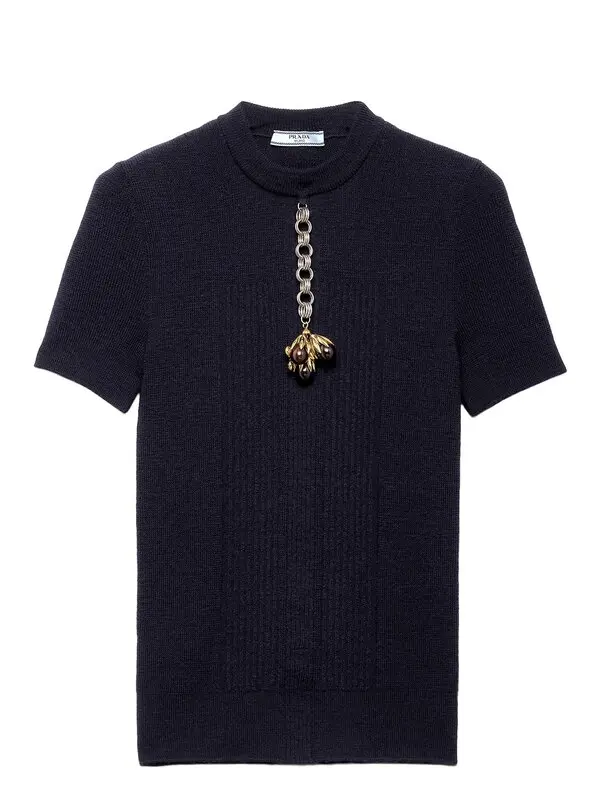 Prada Short-sleeved Wool Sweater With Pendant - Blue