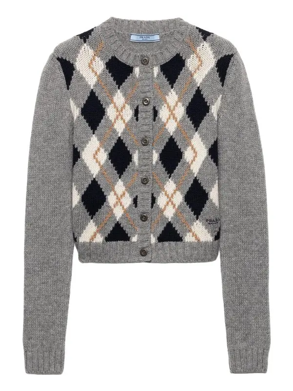 Prada Argyle Knit Cashmere Cardigan - Grey