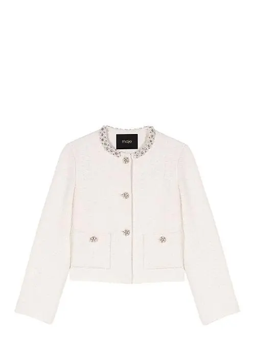 Maje Tweed Jacket With Pearl Embellishments - Ecru
