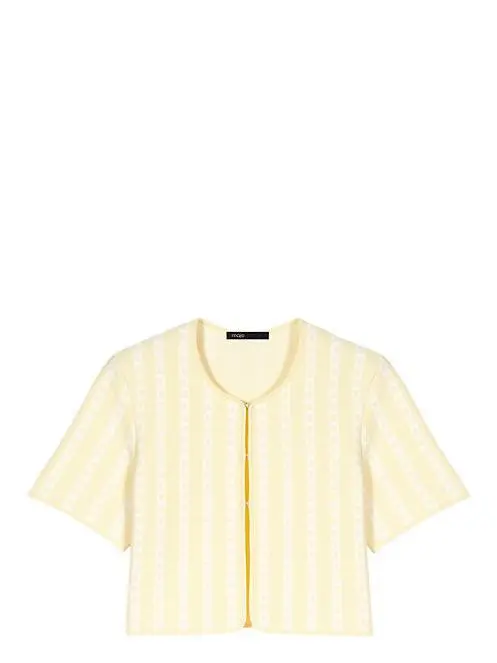 Maje Monogram-print Stretch-knit Cropped Cardigan - Pale Yellow
