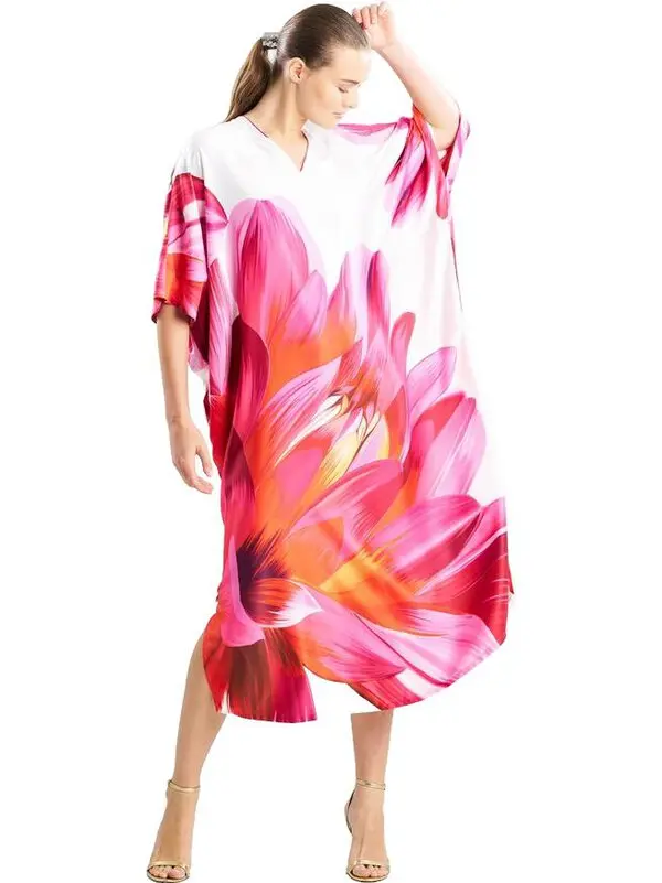 Natori Palau Printed Charmeuse Caftan - Pink / White
