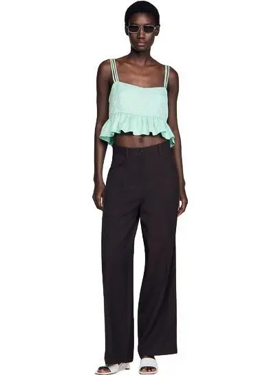 Sandro Floral Jacquard Crop Top With Ruffle - Green