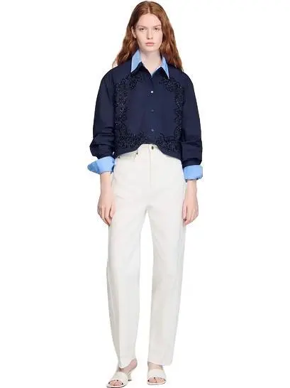 Sandro Floral Embroidered Cotton Shirt - Blue / Navy