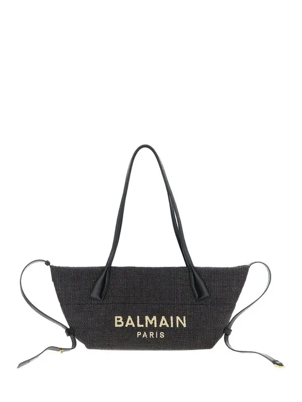 Balmain Track Small Raffia Tote - Black