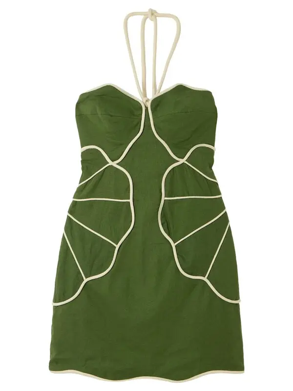 Farm Rio Appliquéd Linen-blend Halterneck Mini Dress - Green