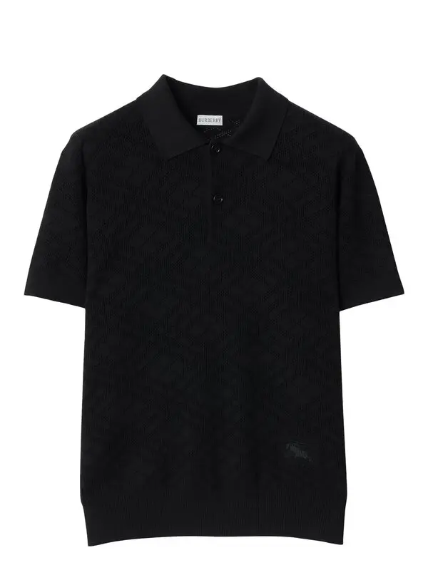 Burberry Wool Check Pointelle Polo Shirt - Black